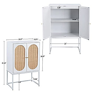 AWQM Natural Rattan 2 Door High Cabinet,Sideboard Buffet Cupboard Accent Cabinet,Adjustable Shelves,Free Standing Bookmatch,Easy Assembly,26.77" L x 15.75" W x 41.34" H,White