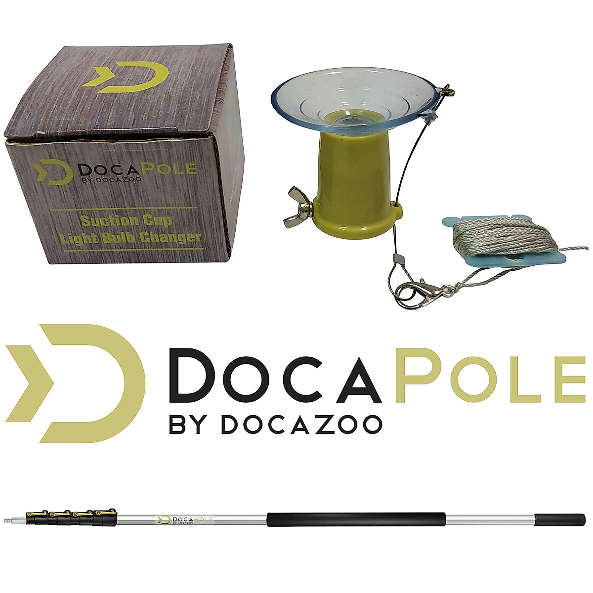 DOCAZOO, Light Bulb Changer for High Ceilings & Recessed Lights w/ 6-24 Foot Telescopic Extension Pole & Suction Cup Style - Ceiling Lightbulb Removal Tool - Perfect Accessory for Any Lighting Job