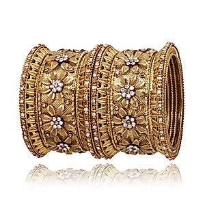 SANARA Indian Bollywood Antique Gold Plated Exclusive 6 pcs Women Metal Bangle Set Flower Design Bracelet Jewelry (2.6)