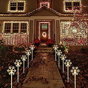 WATERGLIDE 10 Pcs Christmas Snowflake Pathway Stake Lights, 2 Pack x 5 Lighted Snowflakes Pathway Marker, Battery Operated with Timer Holiday Decorative Lights for Walkway Garden Xmas Winter