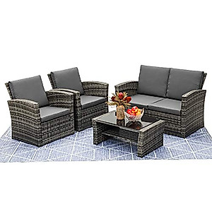 Vakollia 4 Piece Outdoor Patio Furniture Sets, Wicker Rattan Conversation Sofa Set with Table & Chair for Backyard Balcony Garden Poolside Porch (Grey-Dark Grey)