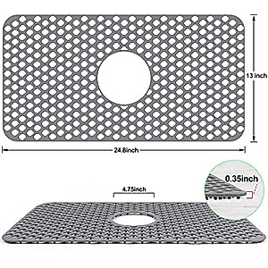 sink protectors for kitchen sink,Kitchen Sink Mats with Center Hole, Food Grade Silicone, 1 Non-Slip Heat Resistant Foldable Sink Fitting for Stainless Steel or Ceramic Sink Bottom (Grey 24.8"*13")