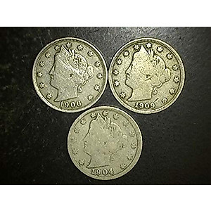 1883 No Mint Mark to 1912 5c US Liberty Head (Barber) Nickels - Set of 3 Coins - All FULL LIBERTY - 3 Different Dates Fine and Better