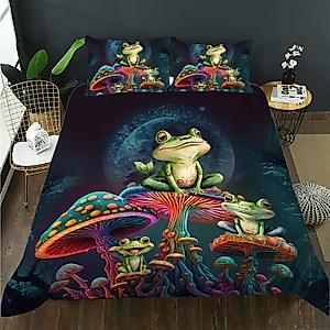 AILONEN Cartoon Frog Duvet Cover Set Full Size,3D Magical Mushroom Bedding Set,Fairy Mysterious Planet Starry Glitter Comforter Cover Set 3 Pieces, 1 Quilt Cover and 2 Pillowcases