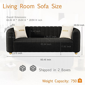 Moxoq Modern Black Velvet Couch for Living Room, 83.46" Curved Black Sofa with Gold Metal Sphere Legs, 3 Seater Comfy Cloud Couches for Bedroom Apartment (Velvet Black)