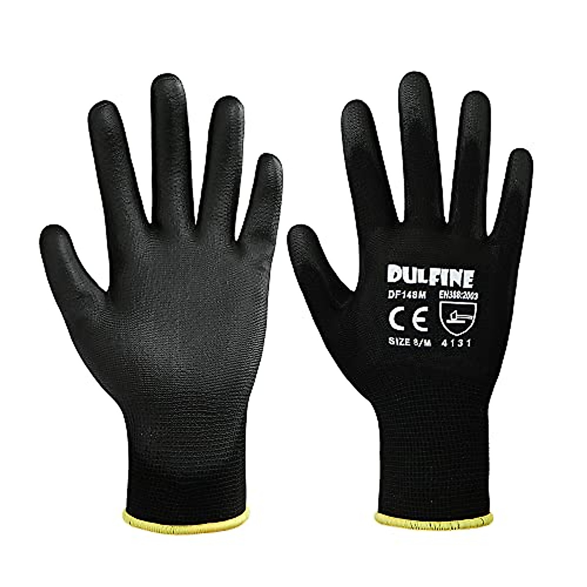 DULFINE Ultra-Thin PU Coated Work Gloves-12 Pairs,Excellent Grip,Nylon Shell Black Polyurethane Coated Safety Work Gloves, Knit Wrist Cuff,Ideal for Light Duty Work. (Large)