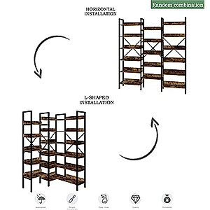 PAKASEPT 6-Shelf Corner Bookshelf, Triple Wide 6-Tier Bookcase, Large Modern Corner Shelf with Metal Frame, Open Bookshelves for Living Room Home Office, Rustic Brown