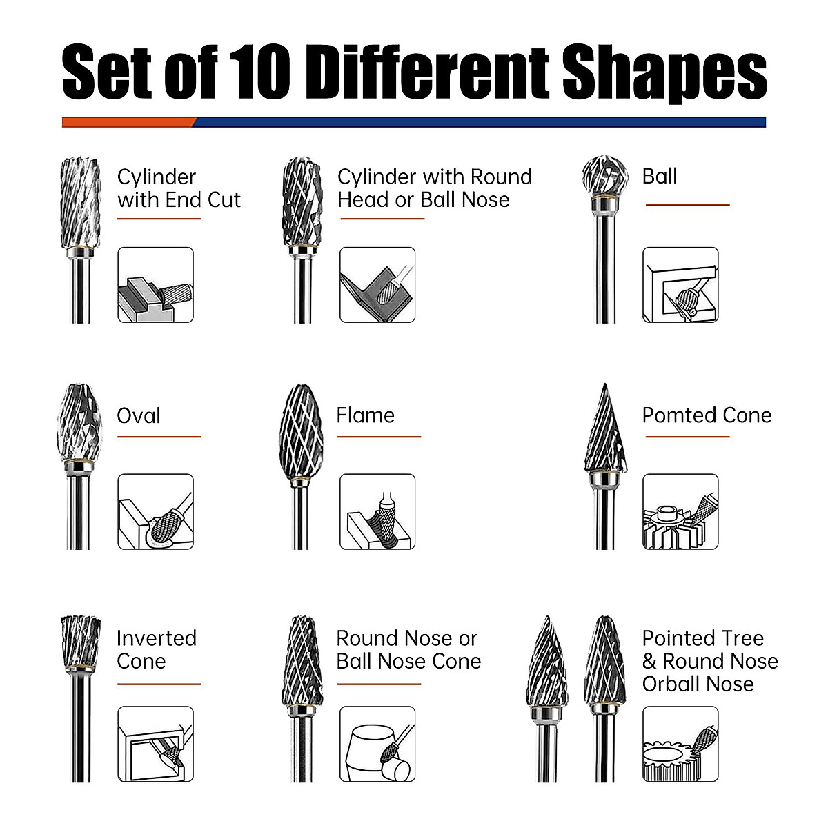 10Pcs Carbide Burr Bits Set Compatible with Dremel 1/8", Rotary Tool Bits with Double-Cut Design, Die Grinder Bits Accessories for Metal Aluminum Wood Stone Steel Plastic Carving Cutting Grinding