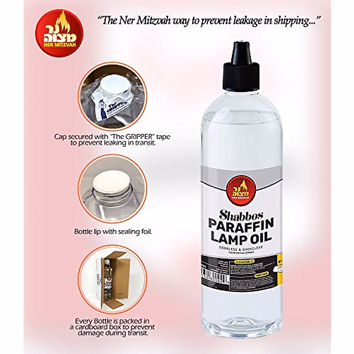 Paraffin Lamp Oil - Clear Smokeless, Odorless, Clean Burning Fuel for Indoor and Outdoor Use with E-Z Fill Cap and Pouring Spout - 32oz - by Ner Mitzvah