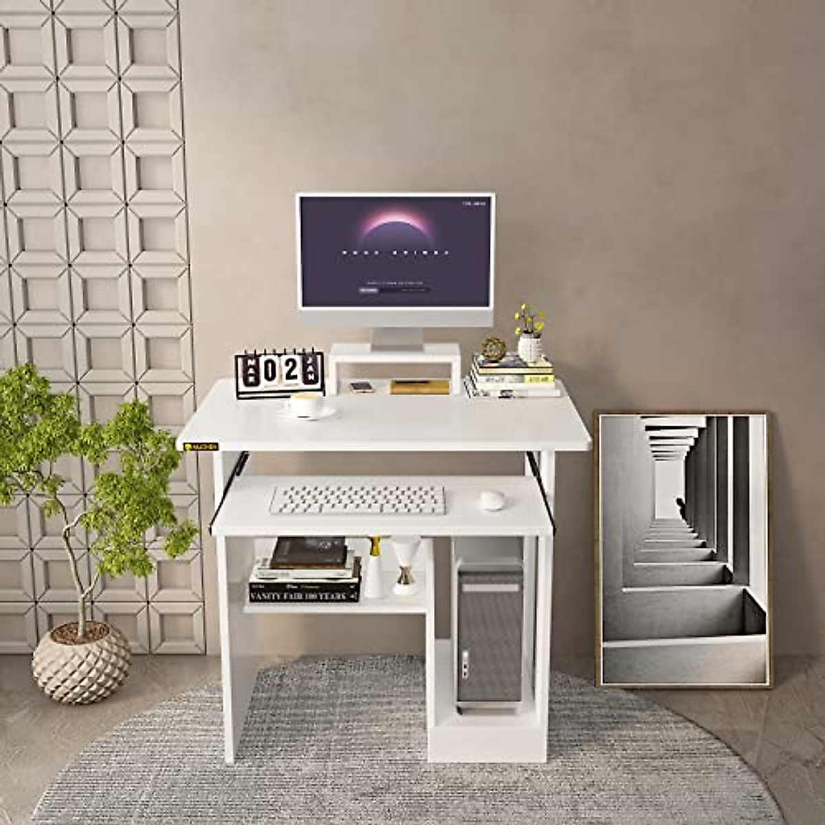 ALISENED Home Office Computer Desk with Monitor Stand Keyboard Tray, 29.5 Inch Study Writing Desk Small PC Laptop Table with Storage Shelves, Modern Workstation for Small Spaces Save Space