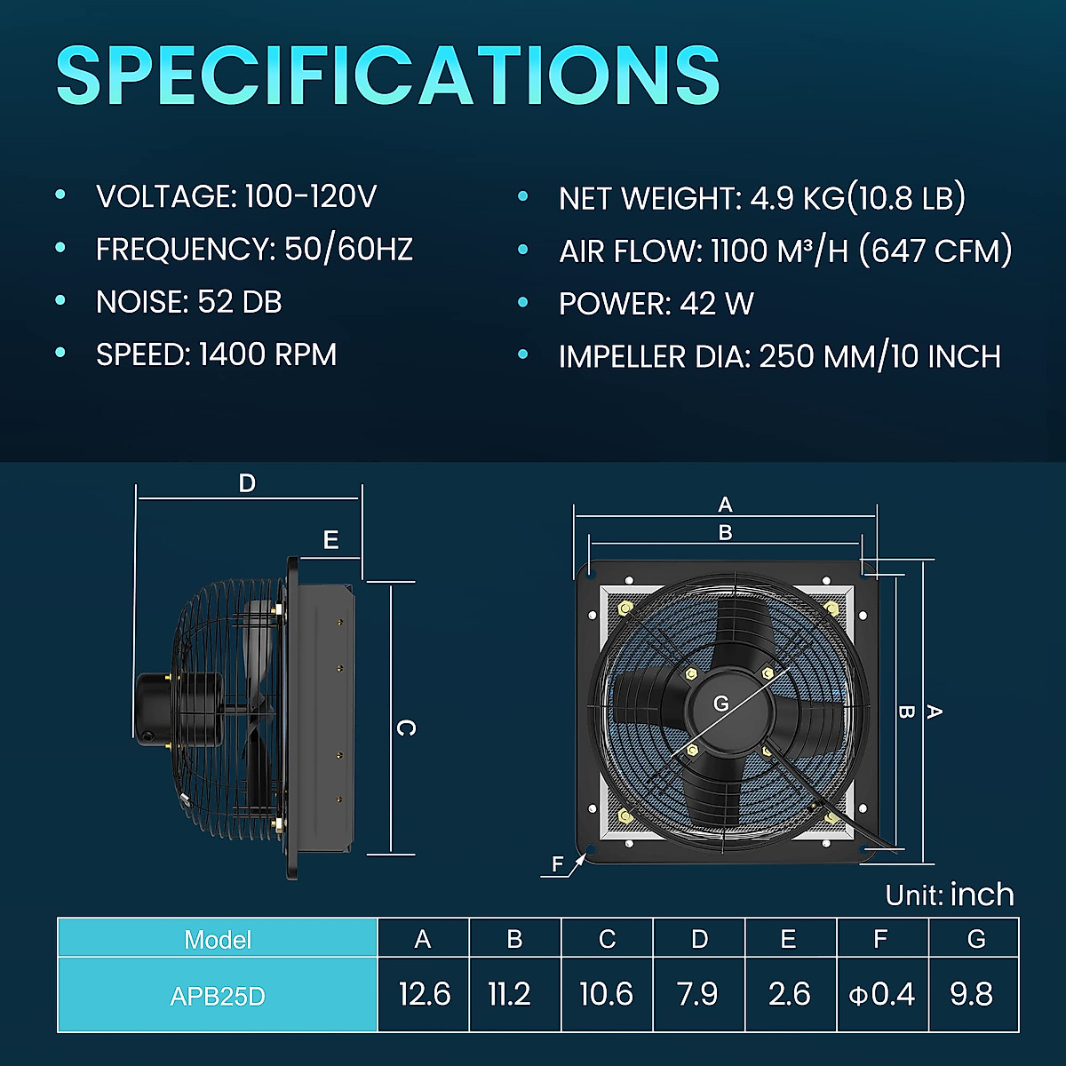 HG Power 10 Inch Shutter Exhaust Fan with Mesh Screen, 647CFM Low Noise Shed Exhaust Fan for Ventilation Use, 10" Silent Wall Mounted Extractor Fan for Basement, Gable, Chicken Coop, Black