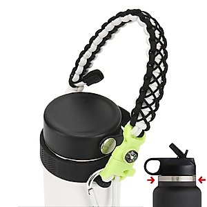 QeeCord Paracord Handle Compatible with Hydro Flask 2.0 Wide Mouth Water Bottle Carrier with New Ring and Carabiner, 12oz, 16oz,18oz, 32oz, 40oz, 64oz (32 oz-40 oz Wide Mouth, Glow White)
