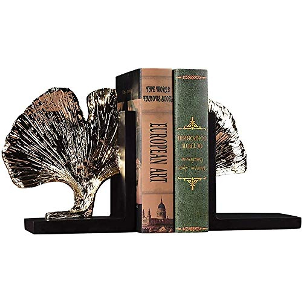 QLAZO Bookend Supports HeavyDuty ， Books Ends Set of Two, Polyresin Ginkgo Leaf Resin bookend,Finish Book Organizer Children Adults Desk Office Gift