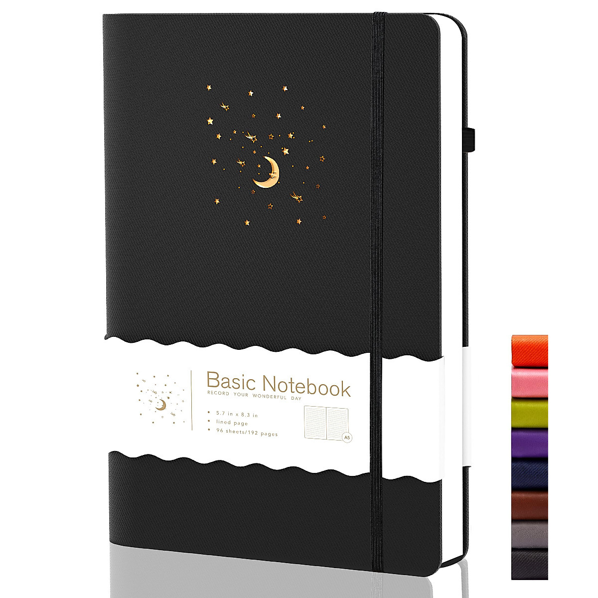 CAGIE Lined Journal Notebook for Work, 196 Pages, Medium 5.7" x 8.3", Hardcover Notebook Journal with Pen Loop, (Black Ruled)