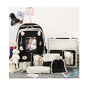 Kawaii Backpack 5Pcs Set Aesthetic School Bags 17in Cute Bookbag with Badge&Pendant,Shoulder Bag,Pencil Box,Tote Bag,Small Bag Black