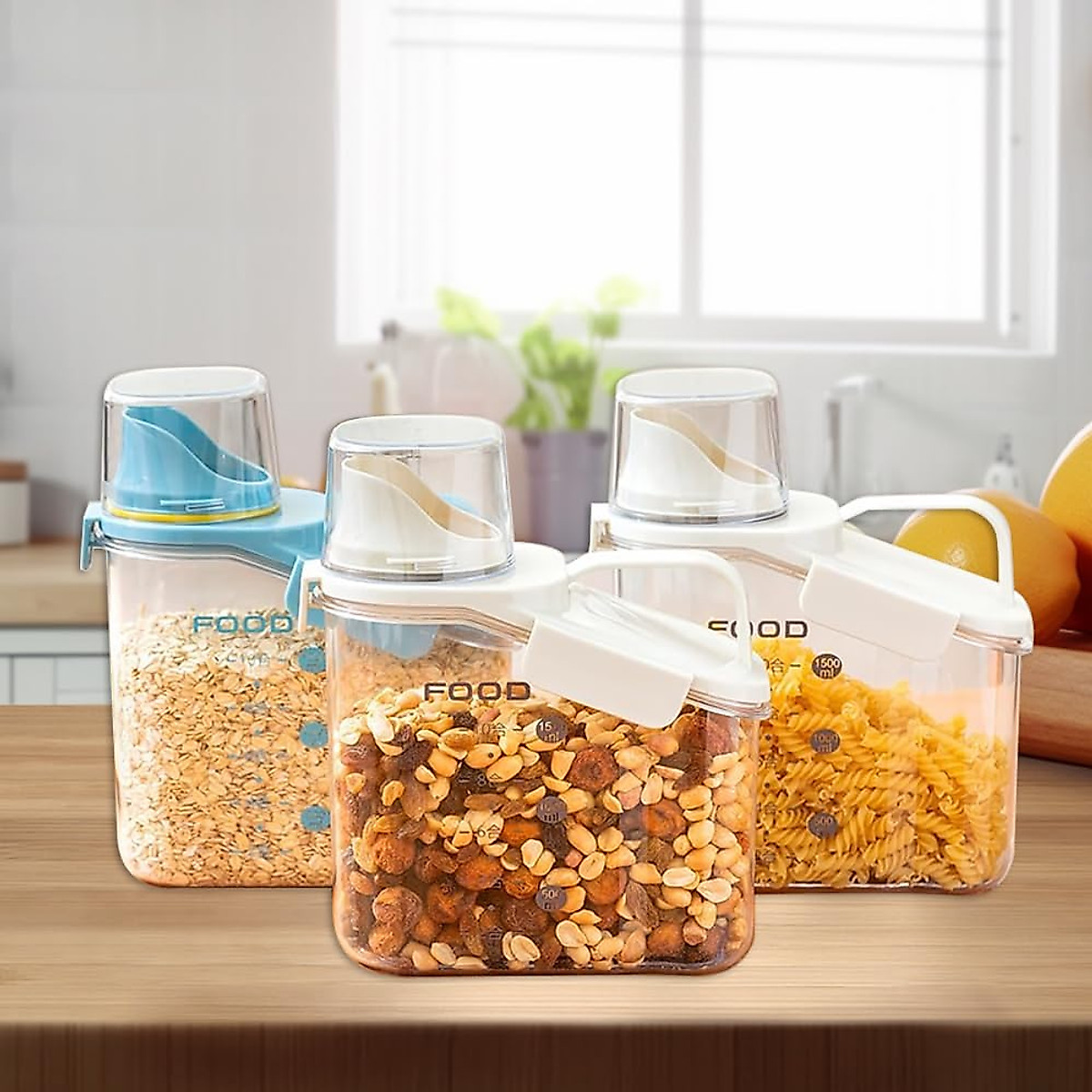 Livaprul Rice container storage tank, kitchen storage container, sealed food storage, sealed design measuring cup. With pouring port, suitable for oatmeal, grains, rice, flour (blue, 1600ML)