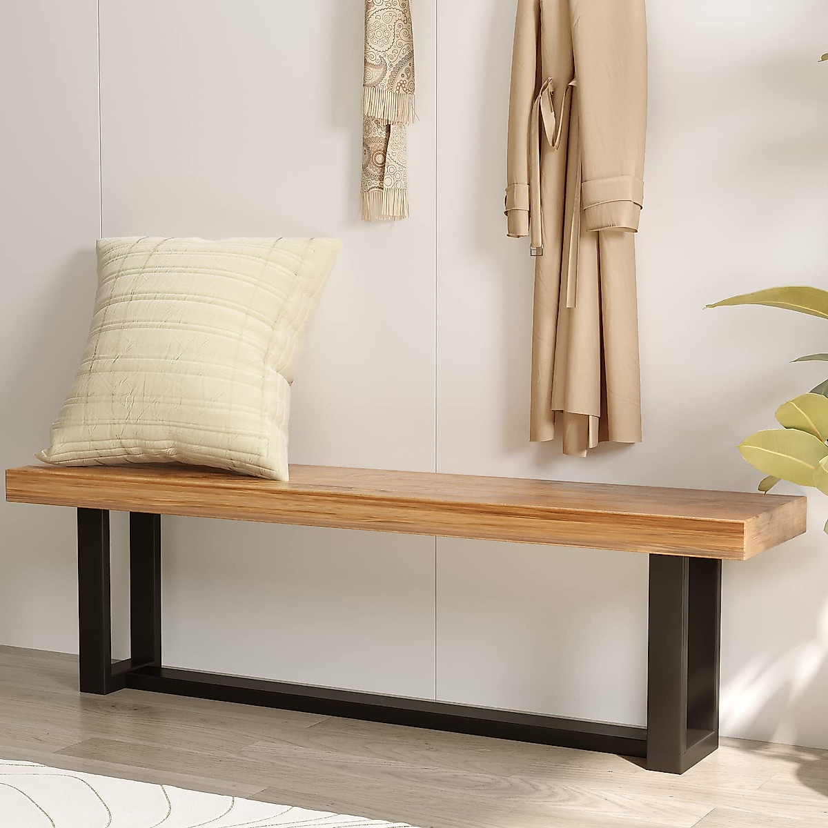 SOSPIRO 60 inch Solid Wooden Dining Bench with Metal Frame, Farmhouse Indoor Kitchen Table Bench Seating for Dining Room Living Room Entryway, Brown