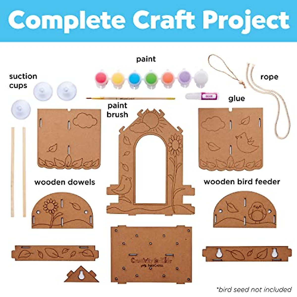 Creativity for Kids Build and Paint Bird Feeder Wood Craft Kit - DIY Bird House Kit for Children, Outdoor Activities for Kids Age 6+,Yellow,orange,blue,white,green,violet
