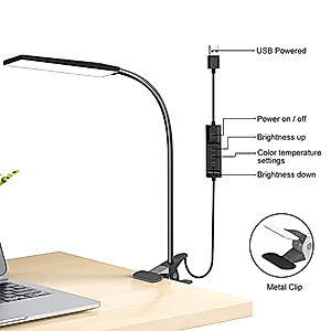 RAOYI LED Desk Lamp, 5W USB Clip on Light Eye-Caring Reading Clamp Table Lamp with 48 LEDs Flexible Gooseneck, 3 Color Modes and 14 Brightness Levels for Office Bedroom Study (Black)