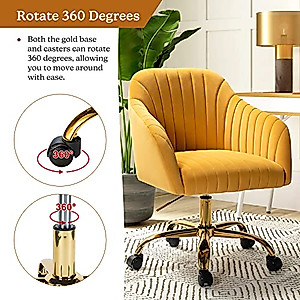 HULALA HOME Velvet Home Office Desk Chair, Modern Cute Computer Task Chair, Wheels Swivel Height Adjustable Upholstered Vanity Chair for Women, Girls (Gold Base, Mustard)