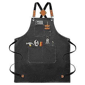 Bluegogo Chef Aprons for Men Women, Cotton Canvas Cross Back Adjustable Apron with Large Pockets for Kitchen Garden Salon (Black)