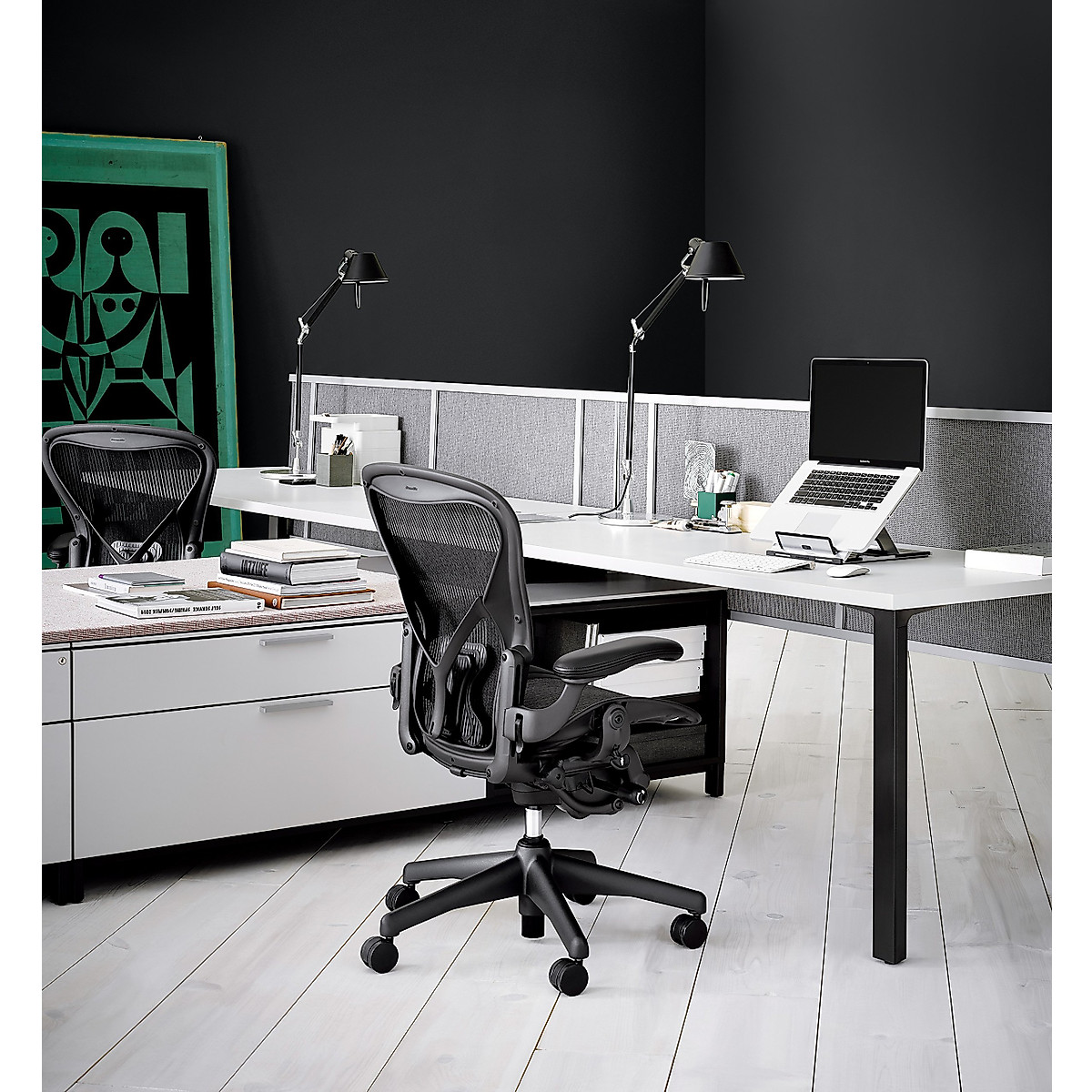 Herman Miller Classic Aeron Task Chair: Tilt Limiter w/Seat Angle Adj - PostureFit Support - Fixed Vinyl Arms - Standard Carpet Casters