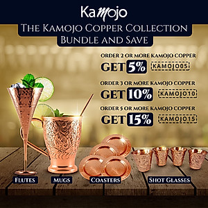 Kamojo Pure Copper Shot Glasses (Set of 4) - Moscow Mule Drinking Shot Glass for Home, Kitchen, Bar - Barware Drinking Glass for Tequila Vodka Cocktail Shooters - Custom Embossed Metal Drinkware Gift
