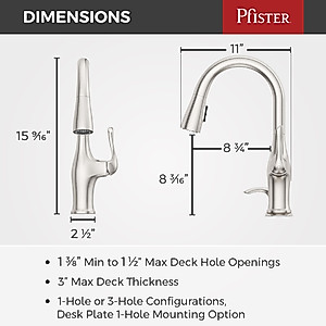Pfister Wray Kitchen Faucet with Pull Down Sprayer and Soap Dispenser, Single Handle, High Arc, Spot Defense Stainless Steel Finish, F5297WRYGS