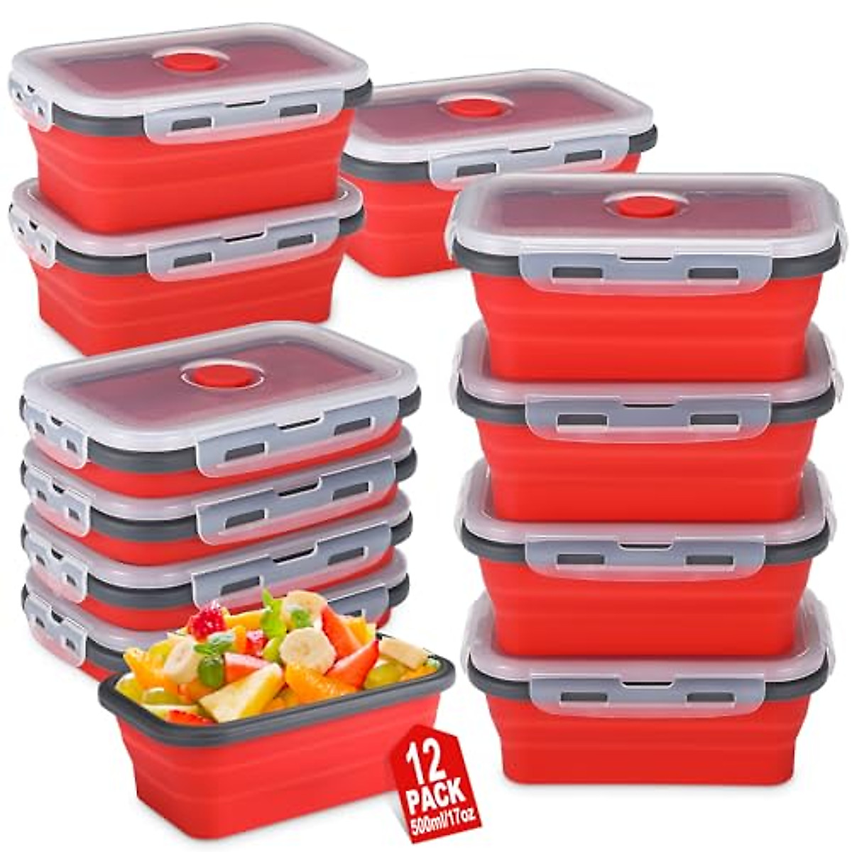 Mifoci 12 Pack Collapsible Bowls Bulk with Leak Proof Lids 17oz Rectangle Silicone Food Storage Containers Stack Food Container for Camping Kitchen, Microwave Dishwasher Freezer Safe (Grey Edge Red)