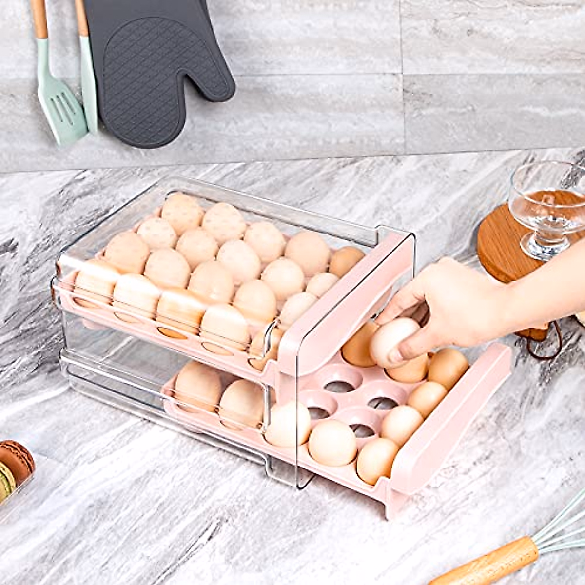 BBG Airtight Food Storage Container with Easy Lock Lids, Pink Plastic Egg Holder, Egg Storage Container for Refrigerator