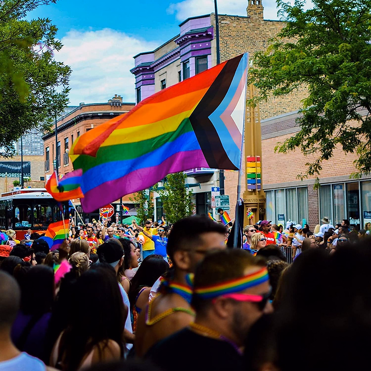 Progress Pride Rainbow Flag,3 x 5 Foot Progressive Pride Flag 100 D Polyester Outdoor Flag,Bright and Vivid Colors Bisexual Trans LGTBQ Community Gay Pride Banner,UV Fade with Brass Grommets