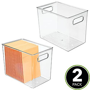 mDesign Deep Modern Plastic Storage Organizer Bin Basket with Handles for Home Office Organization - Shelf, Cubby, Cabinet, and Closet Organizing Decor - Ligne Collection - 2 Pack - Clear