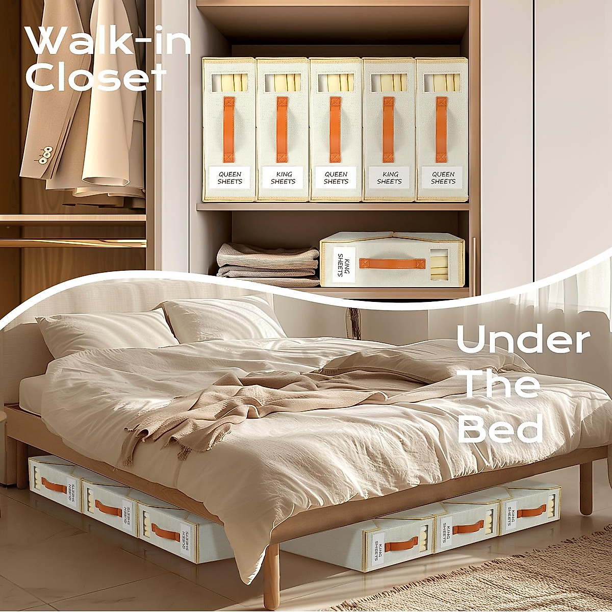 Yecaye 6 Pack Sheet Organizers and Storage, Bed Sheet Organizer for Linen Closet, Foldable Sheet Set Organizer with Clear Window and Label (Queen & King Size), Bedding Storage Box Container, Beige