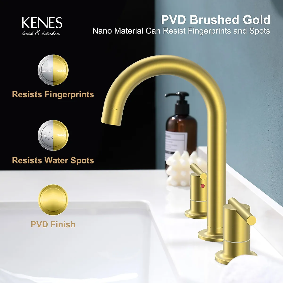 KENES Brushed Gold Two Handle 8 Inch Widespread Bathroom Sink Faucet, Gold High Arc Lavatory Vanity Sink Faucet 3 Hole with Pop Up Drain & Water Supply Hoses LJ-9018-4