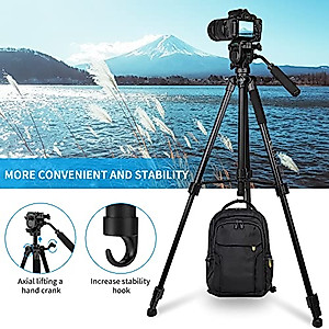 Tripod, 73 inch Tripod for Camera 15 lbs Loads with Fluid Head, 2 Quick Release Mounts and Tablet & Phone Mount