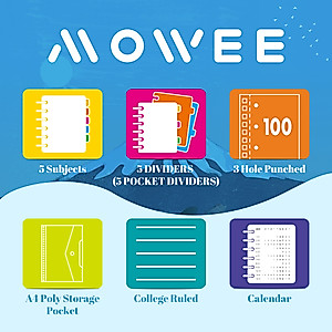 MOWEE Spiral Notebook - 5 Subject Notebook, College Ruled Notebook 3-Hole Punched With Dividers, Storage Pockets, 11" Ruler, 100 Sheets of 200 Pages, for Writing Journal, Home &Office, School
