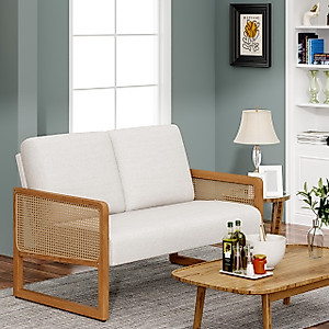 Apeaka Small Loveseat Sofa with Rattan Arms Linen Mini Couch for Living Room Bedroom Modern Upholstered Love Seat with Wood Legs Ivory