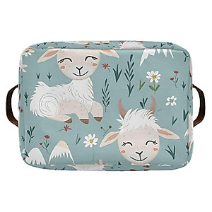 SUABO Cute Baby Goats with Floral Toy Basket,Collapsible Storage Bin Basket with Handles Laundry Baskets,Shelf Basket Nursery Storage for Bedroom Playroom,Set 1