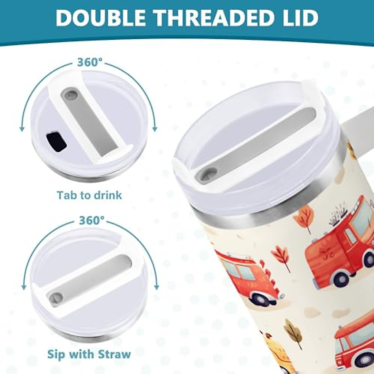 ARGTILDN 40 oz Tumbler Cartoon Fire Trucks Insulated Travel Mug with Handle and Straw Lid Stainless Steel Vacuum Coffee Cup Tea Beverage Container Water Bottles for Car Sports office