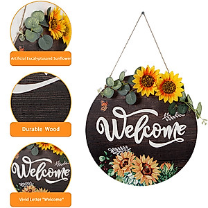 DZH Enjoy Sunflower Welcome Sign Front Door Wreaths Rustic Round Wood Farmhouse Wreath for Home Decor Bedroom Yard Garden Indoor Outdoor Wall Décor