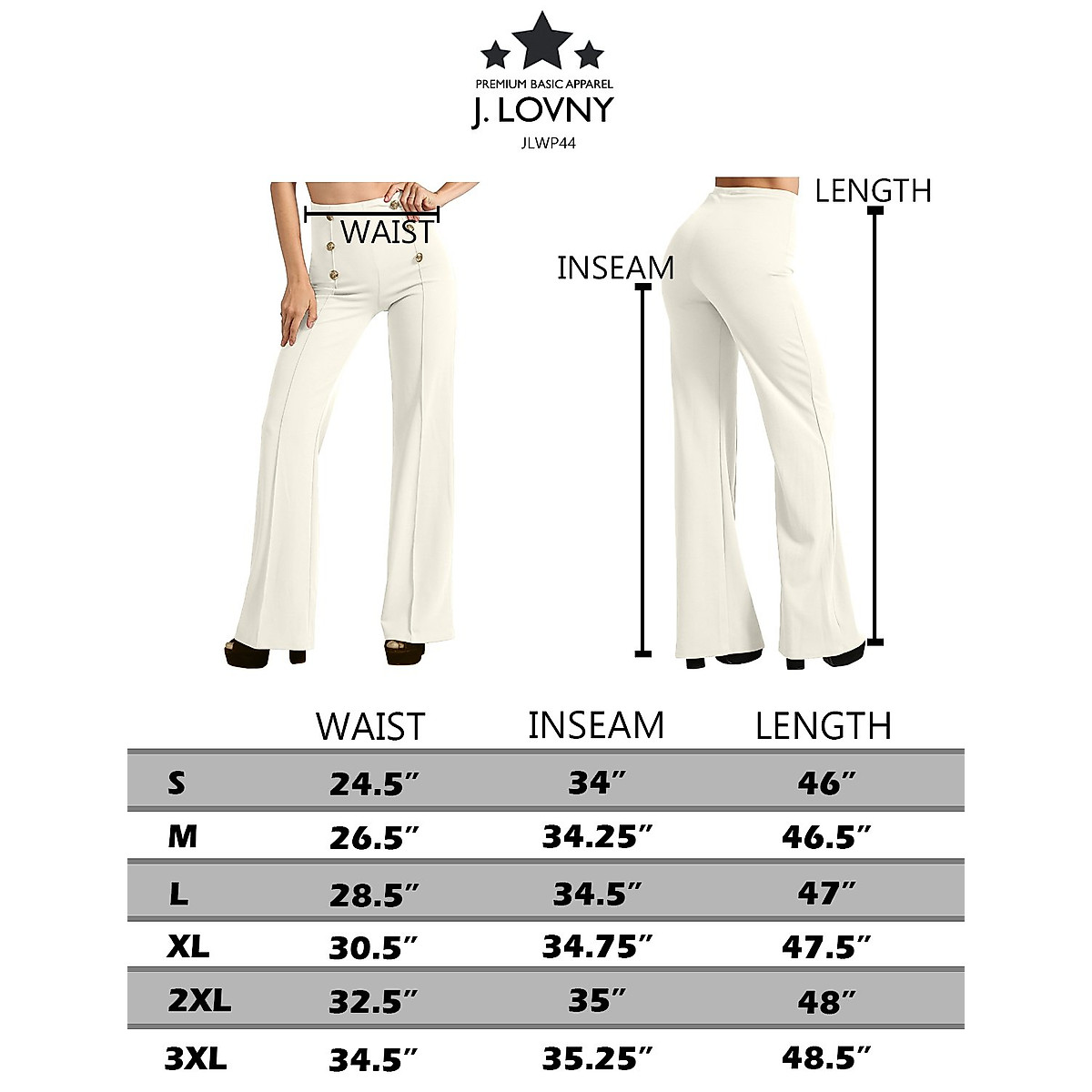 J. LOVNY Womens Sailor Bell Bottom High Waist Long Pants Made in USA S-3XL Ivory