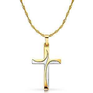 Ioka 14K Two Tone Gold Cross Charm Pendant with 1.2mm Singapore Chain Necklace - 24"