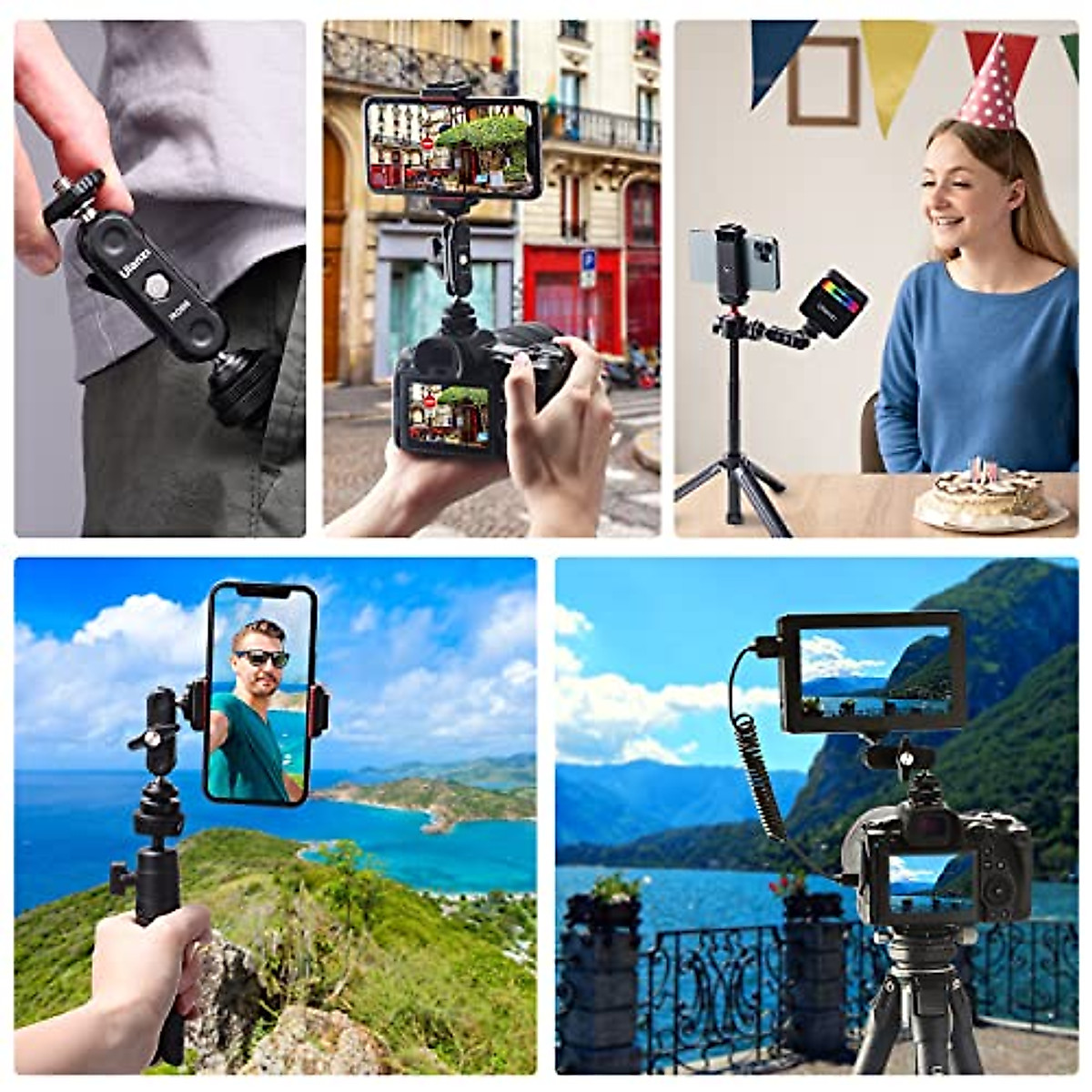 R098 Cold Shoe Monitor Mount 1/4" Rotatable Dual Ballhead Hot Shoe Mount Microphone Fill Light Camera Monitor Swivel Bracket for Sony/Canon/Nikon/Panasonic/Fujifilm