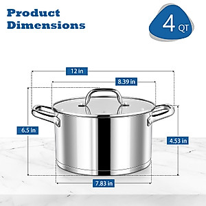 P&P CHEF 4qt Stainless Steel Stock Pot with Lid, Cooking Pasta Pot with Tri-Ply Base for Induction Gas Electric Stoves, Double Riveted Handles, Sturdy & Dishwasher Safe