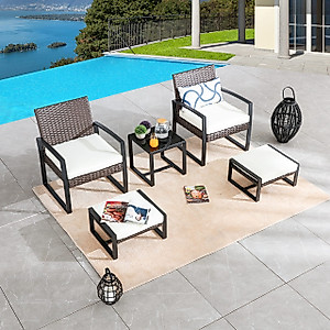 LOKATSE HOME 5 Pieces Patio Furniture, Outdoor Conversation Sets Rattan Wicker Chairs with Soft Cushion, Ottomans and Coffee Table for Balcony Poolside Front Porch Deck, Beige