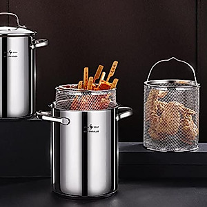 Hemoton Stainless Steel Frying Pot with Lid and Basket Deep Frying Pan Japanese Tempura Fryer with Mesh Steamer Basket for French Fries Chicken Kitchen Use