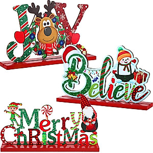 Blulu 3 Christmas Decorations Indoor Christmas Centerpieces for Tables Merry Christmas Tabletop Wooden Sign Snowman Farmhouse Centerpieces for Christmas Xmas Holiday Party Indoor Decor(Chic Style)