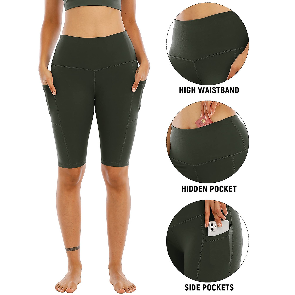 WHOUARE 4 Pack Biker Yoga Shorts with Pockets for Women,High Waisted Athletic Running Workout Gym Shorts Tummy Control,Black,Army Green,Navy,Dark Gray,M