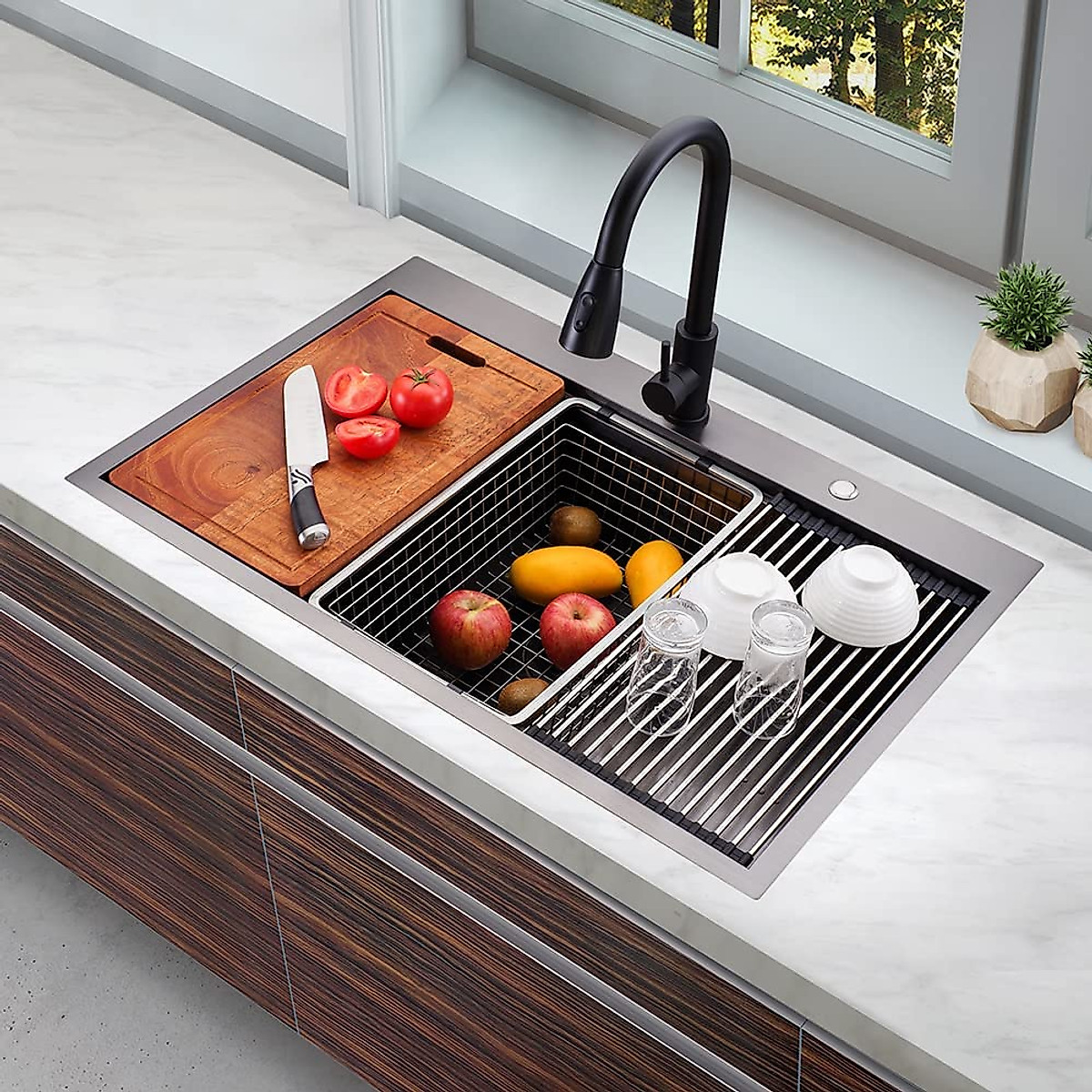 33 Black Drop In Workstation Kitchen Sink, Dorzom 33x22x10 Black Stainless Steel Topmount 16 Gauge Deep Single Bowl Workstation Kitchen Sink with Accessories