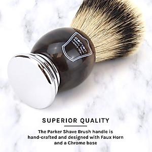 Parker Silvertip Badger Shaving Brush-Faux Horn Handle with a Chrome Base, Long Loft Dense Bristles- Men's Badger Shaving Brush with Stand Included